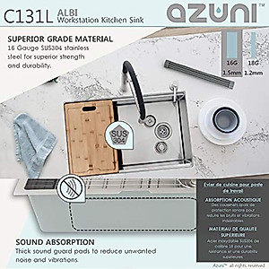 AZUNI 30 inch x 19 inch Single Bowl Undermount 16G Reversible Kitchen Ledge Workstation Sink with Grid, Luxury Basket Strainer, Drying Rack and Bamboo Cutting Board, C131L