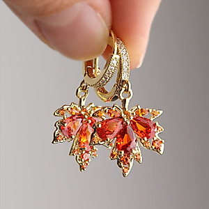 Sonateomber Orange Maple Leaf Dangle Drop Small Gold Hoop Huggie Earrings for Women, Cute Sparkly Crystal Cubic Zirconia Rhinestone Fall Autumn Holiday Accessories Jewelry Gift