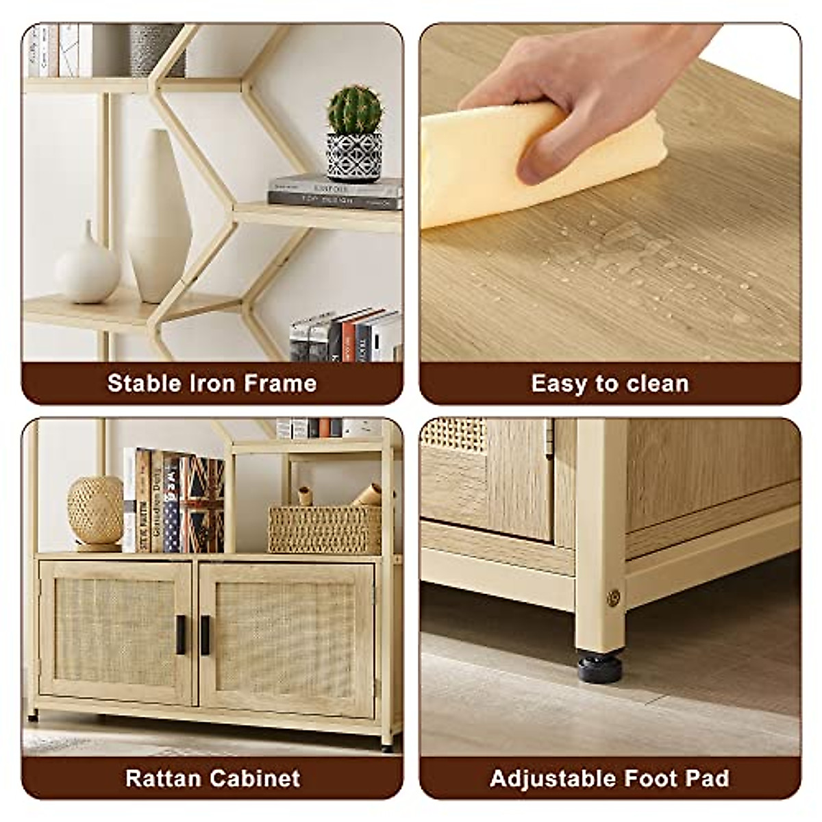 WAQINBR Rattan Book Shelf with Storage Rack, Bookcase Shelf with Doors, 6 Shelf Bookcase; Display Shelves for Living Room Home Office, Featured Natural Large Space Book Case