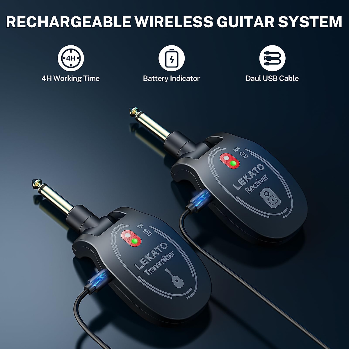 LEKATO Wireless Guitar System Rechargeable UHF Wireless Transmitter Receiver 4 Channel for Electric Guitar Bass, Low Latency Guitar Wireless System (L6)