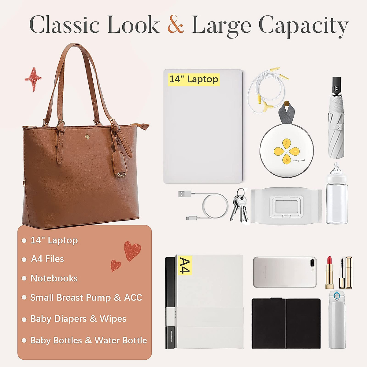 miss fong Diaper Bag Tote Purse, Baby Bag,Leather Diaper Bag Tote,Business Tote Bag,Diaper Bag Purse with 8 Diaper Bag Organizer,RFID Blocking Pocket,Laptop Pocket(Cognac)