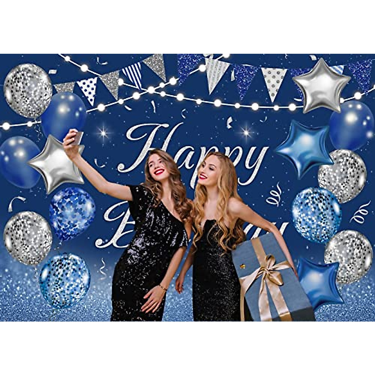 Cenven Navy Blue Happy Birthday Backdrop Silver Glitter Balloons Star Flag Sequins Background Adult Men Women Birthday Party Decoration Cake Table Photo Booth (7x5FT, Blue)