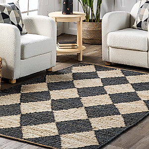 Rugs USA x Arvin Olano Louie Diamond Checkerboard Jute Area Rug, 8x10, Charcoal