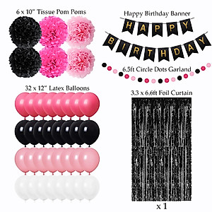 Black and Pink Birthday Party Decorations for Girls Women Happy Birthday Banner, Black Foil Fringe Curtain, Paper Pom Poms for girls Women Birthday Pink Black Party Supplies