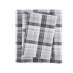 Woolrich Flannel 100% Cotton Sheet Set Warm Soft Bed Sheets with 14" Elastic Pocket, Cabin Lifestyle, Cold Season Cozy Bedding Set, Matching Pillow Case, Queen, Grey Plaid, 4 Piece