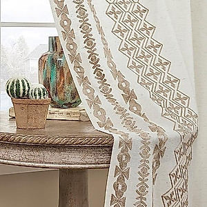 Cream Boho Curtains 108 Inches Long for Living Room bedroom Large Window Curtains 2 Panels Set Grommet Tan Embroidery Flax Drapes for High Ceiling to Floor Length Sliding Glass Doors, 52x108, Taupe