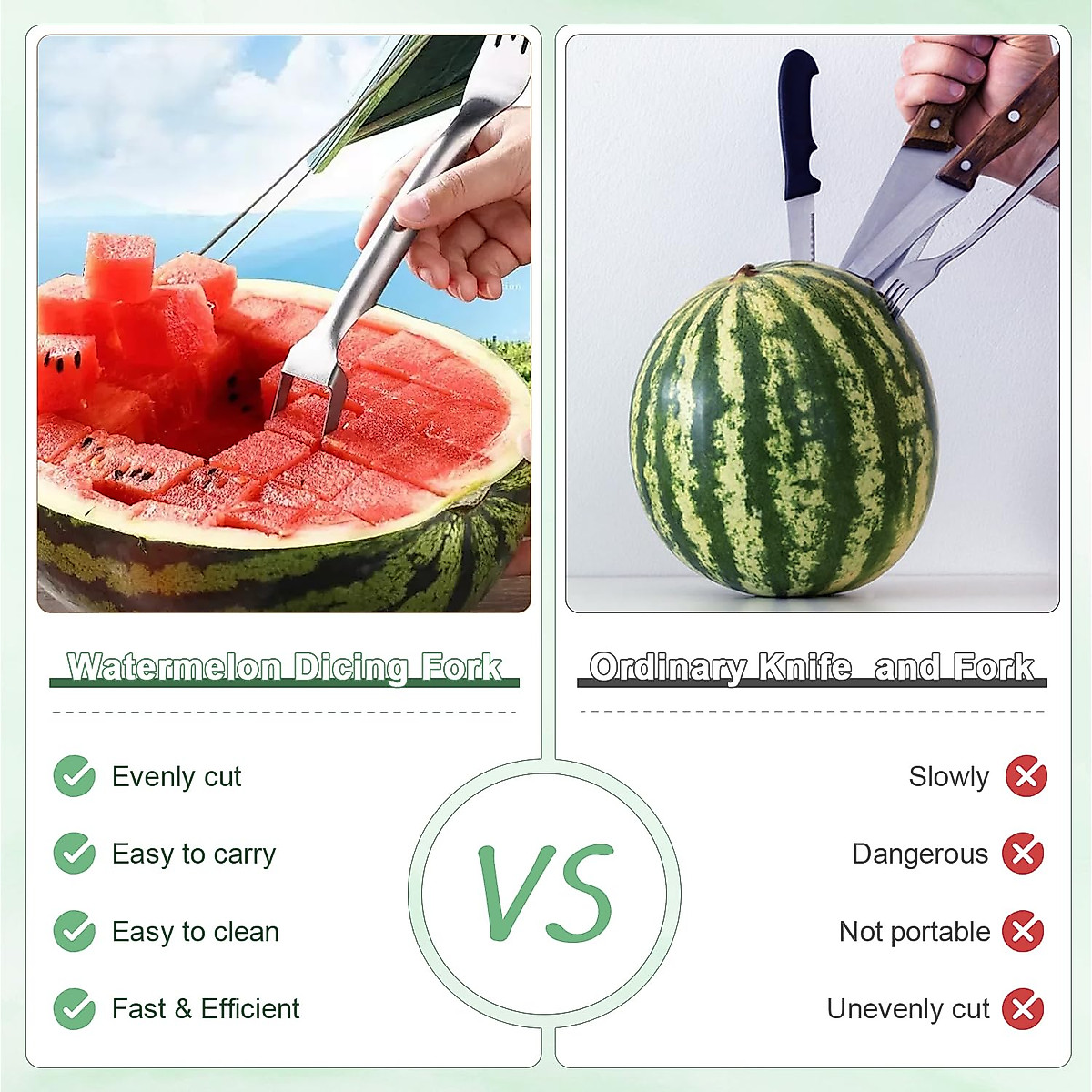 2-in-1 Stainless Steel Watermelon Slicer,Watermelon Fork Slicer Cutter,Portable Dual Head Cube Watermelon Slicer Knife,Fruit Forks Slicer Tool for Family Parties Camping Kitchen Gadget (2PCS)
