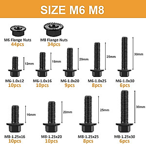 VIGRUE 155PCS M6-1.0 M8-1.25 Flanged Hex Bolts, M6 x 12/16/20/25/30mm and M8 x 16/20/25/30mm Flange Hexagon Screws Bolts Nuts 10.9 Alloy Steel Black Zinc Plated Full UNC Thread