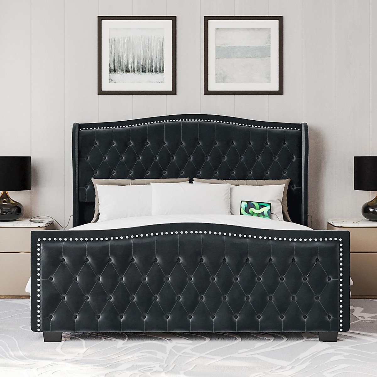 BELLEZE King Headboard Bed Frame with Fast Charging Port, Upholstered Platform Bed Frame with Handmade Button Tufted Headboard, Stable Noise-Free Bedroom Bed, No Box Spring Needed - Oslo (Gray)