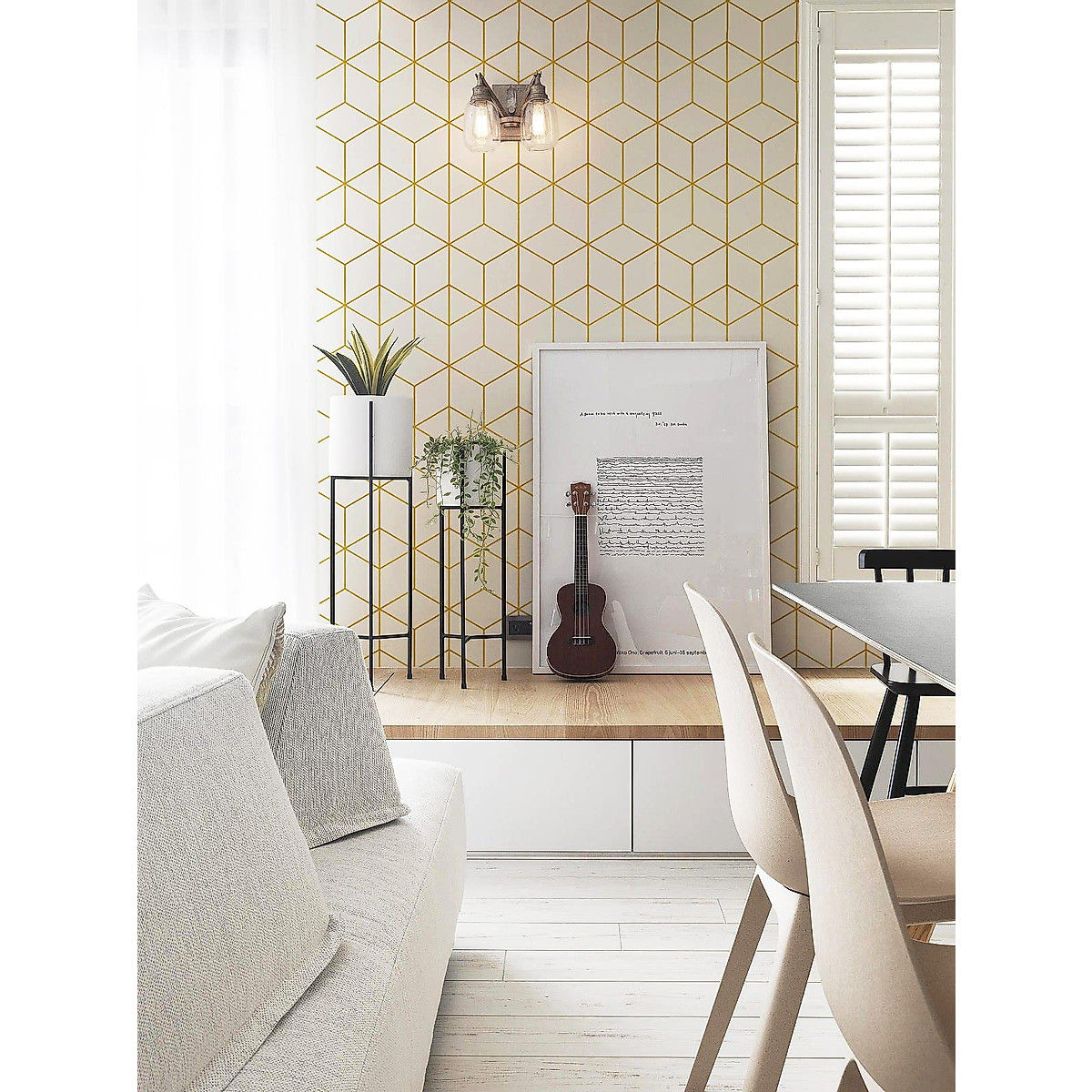 Peel and Stick Wallpaper Gold and White Contact Paper Geometric Wallpaper Self Adhesive Removable Wallpaper for Walls Covering Vinyl Rolls 118"x17.7"