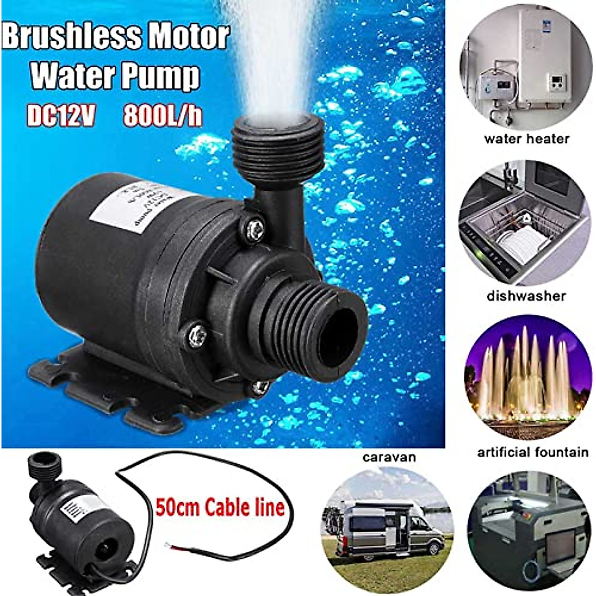 Solar Water Pump Kit, 50w 12v Panel Water Pump, 800l/h Fountain Water Pump Solar Pond Pump, Low Noise Dc Solar Fountain, Suitable For Household, Car And Boat, Garden Fountain