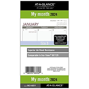 AT-A-GLANCE 2024 Monthly Planner Refill, 3-3/4" x 6-3/4", Portable Size, Loose-Leaf (063-685Y)