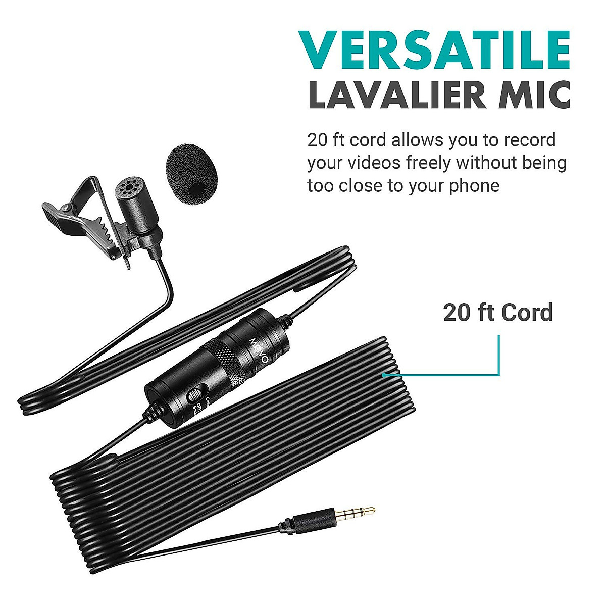 Movo LV1 Lavalier Lapel Clip on Microphone for Cameras, Camcorders and Smartphones Compatible with iPhone and Android Perfect Lav Mic for Filming Podcast, Vlogging and YouTube videos