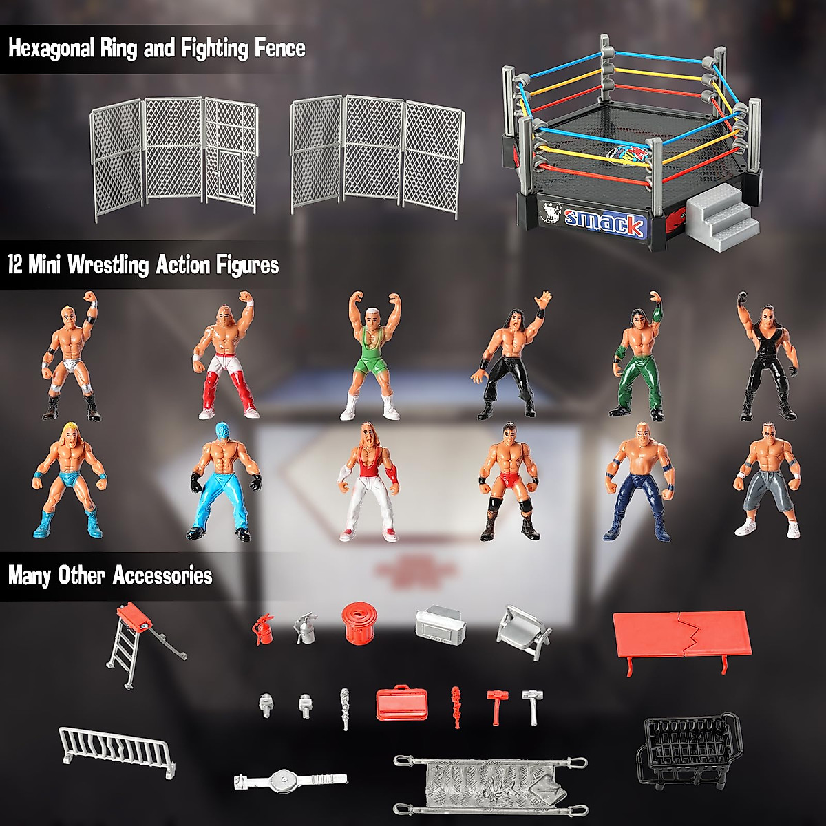 32Pcs Wrestling Toys for Kids, Wrestlers Playset with 12 Wrestling Action Figures, 2 Wrestling Rings, Many Realistic Accessories, Toy Figures & Playset Gift for 2 3 4 5 6 Boys Girls, Cool Cake Toppers