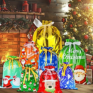 28 PCS Christmas Drawstring Gift Bags, Santa Gift Bags Wrapping Bags with Ribbon Tie, Large Medium Small Sizes, and 8 Designs for Xmas Holiday Presents and Christmas Party Supplies