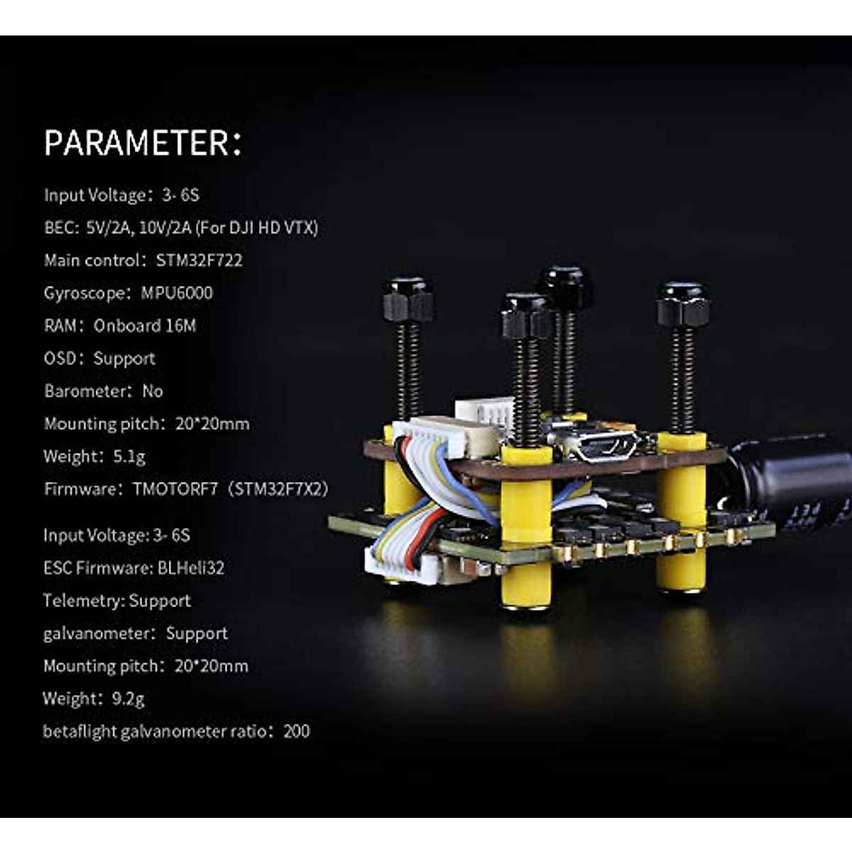 T-MOTOR Mini F7 Stack (Mini F45A+ Mini F7), Flight Control, Flight Controller Stack for FPV Drone Motor