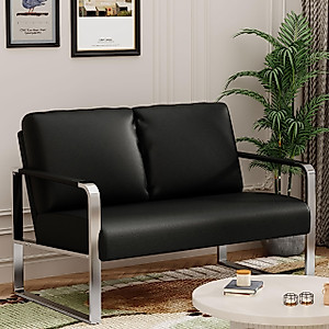 POINTANT Love Seat Mini Couch Small Settee Loveseat Bench for Living Room, Faux Leather Loveseat Sofa Small Sofa Couches for Small Spaces with Padded Cushion, Mid Century Modern Black Love Seats
