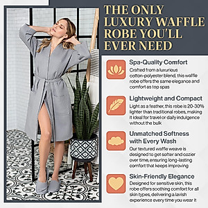 Lotus Linen Women's Lightweight Waffle Kimono Robes for Women - Cotton Spa Grey Bathrobes - Grey Bridesmaids Robe Set (Small, Grey)