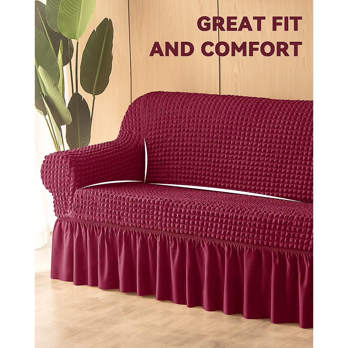 BLUESURGE Sofa Slipcover 1 Piece for 3 Cushion Couch Cover with Skirt, Durable Washable High Elastic Stretchable, Easy Fit Universal Furniture Protector (3 Seater, Maroon)