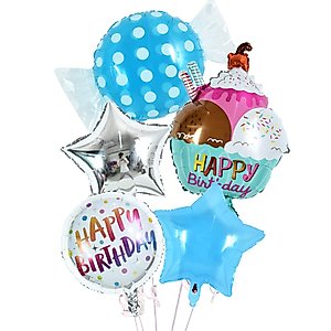 Birthday ice cream Candy Aluminum Foil Balloons set, 5pcs blue series Kids Cartoon Mylar Balloons， for Summer Kids Birthday,Baby Shower,Candyland Sprinkle Party Decorations