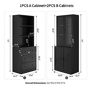VOWNER Vertical File Cabinet, 3-Tier Modern Bookshelf with 3 Large Drawer, Wood Filing Cabinet with Open Storage Shelf, Glass Doors and Fixed Storage Shelves for Home Office, Black