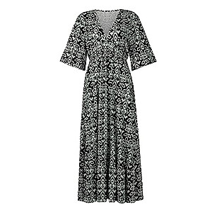 WSHEMV Ladies Fall Dresses, Women's Floral Dress 2023 Casual Printed V-Neck Dress with Tunic Waist Ruffle Sleeves 3/4 A Line Bohemian Maxi Dresses Floral Dresses Long Sleeve Winter (M, Black)