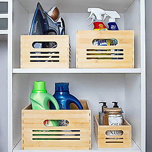 Natural Bamboo Wooden Storage Box – Rustic Farmhouse Look Wood Crate for Storage Decorative Closet, Cabinet and Shelf Basket Organizer with Built in Handles - Multi-Purpose Organizer (Small)
