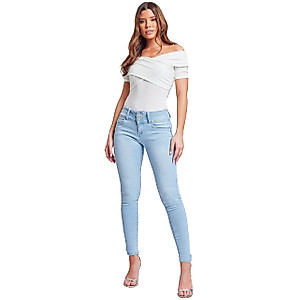 YMI Women's Wannabettabutt Sustainable Mid-Rise Skinny Jeans, 3-Button Zip Fly, Butt-Lifting Stretch Denim, Light Blue, 5