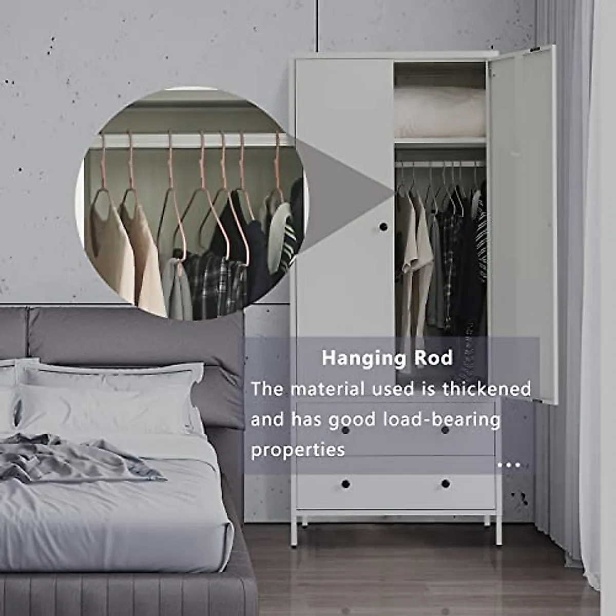 Besfur Steel Storage Wardrobe Cabinet - Metal Wardrobe Armoire Closet with Adjustable Hanging Rod & Two Drawers for Bedroom, Laundry Room (White)