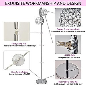 Crystal Floor Lamp, Elegant Standing Lamp, Modern Floor Lamp Chrome Finish Tall Pole Lamp, Modern Standing Lamp with On/Off Foot Switch for Living Room, Girl Bedroom, Dresser, Office, E26 Base