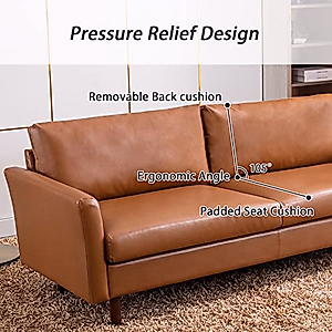 Dreamsir 80'' Faux Leather Sofa Couch, Mid-Century Modern Sofa with Solid Wooden Frame & Padded Cushions, 3-Seater Couch for Living Room, Apartment, Lounge Room (Brown)