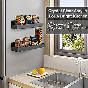 OFFSIR Spice Rack for Refrigerator, Magnetic Shelf with 4 Removable Hooks, Strong Magnetic Spice Rack, Crystal Clear Acrylic Magnetic Shelves for Whiteboard Holding Spices, Black 2 Packs