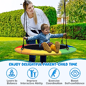 Costzon 40” Flying Saucer Tree Swing with LED Lights for Kids Adults, Indoor Outdoor Saucer Swing with Adjustable Multi-Strand Hanging Ropes, Safe Round Swing for Tree, Swing Set, Backyard (Colorful)