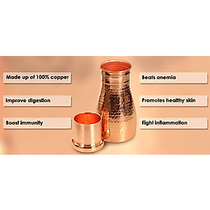 Pure Copper Hammered Design Pitchers And Bedside Carafes With Tumbler Water Bottle Storage With Lid