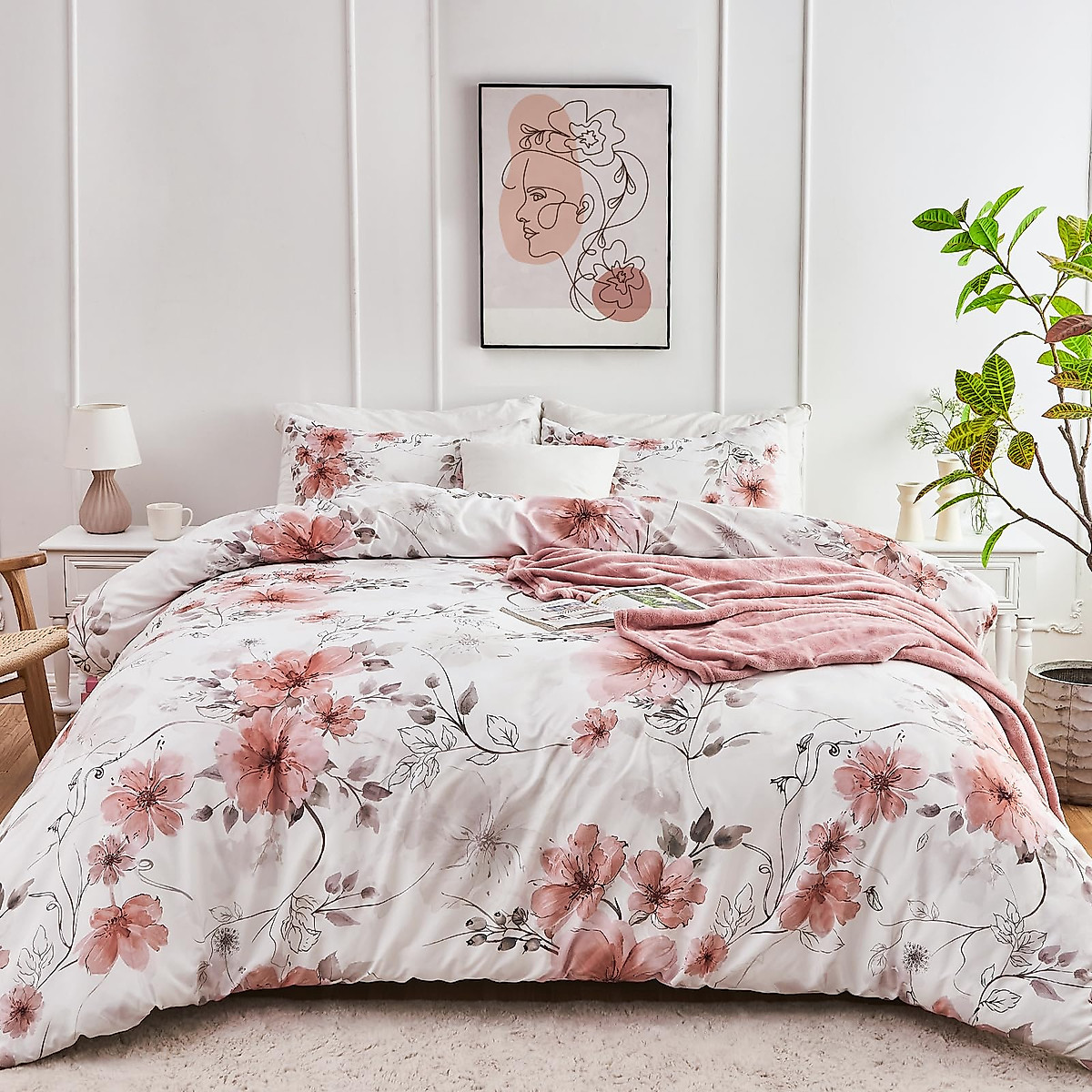 DESIHOM Pink Floral Duvet Cover King Size Cute Coquette Flower Duvet Covers Set 3 Pieces for Kids with Zipper Closure, Aesthetic Breathable King Comforter Quilt Cover Microfiber Bedding Set