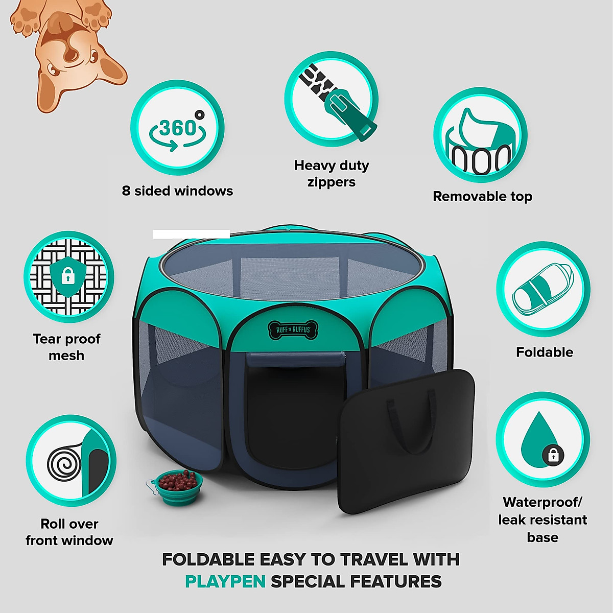 Ruff 'N Ruffus Portable Foldable Pet Playpen + Carrying Case + Travel Bowl | Available in 3 Sizes Indoor/Outdoor Water-Resistant Removable Shade Cover