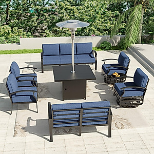 Kullavik Aluminum Patio Furniture Set,8 Pieces 9 Seat Metal Outdoor Furniture Conversation Set w/Patio Square Table Heater &Swivels,Navy Blue