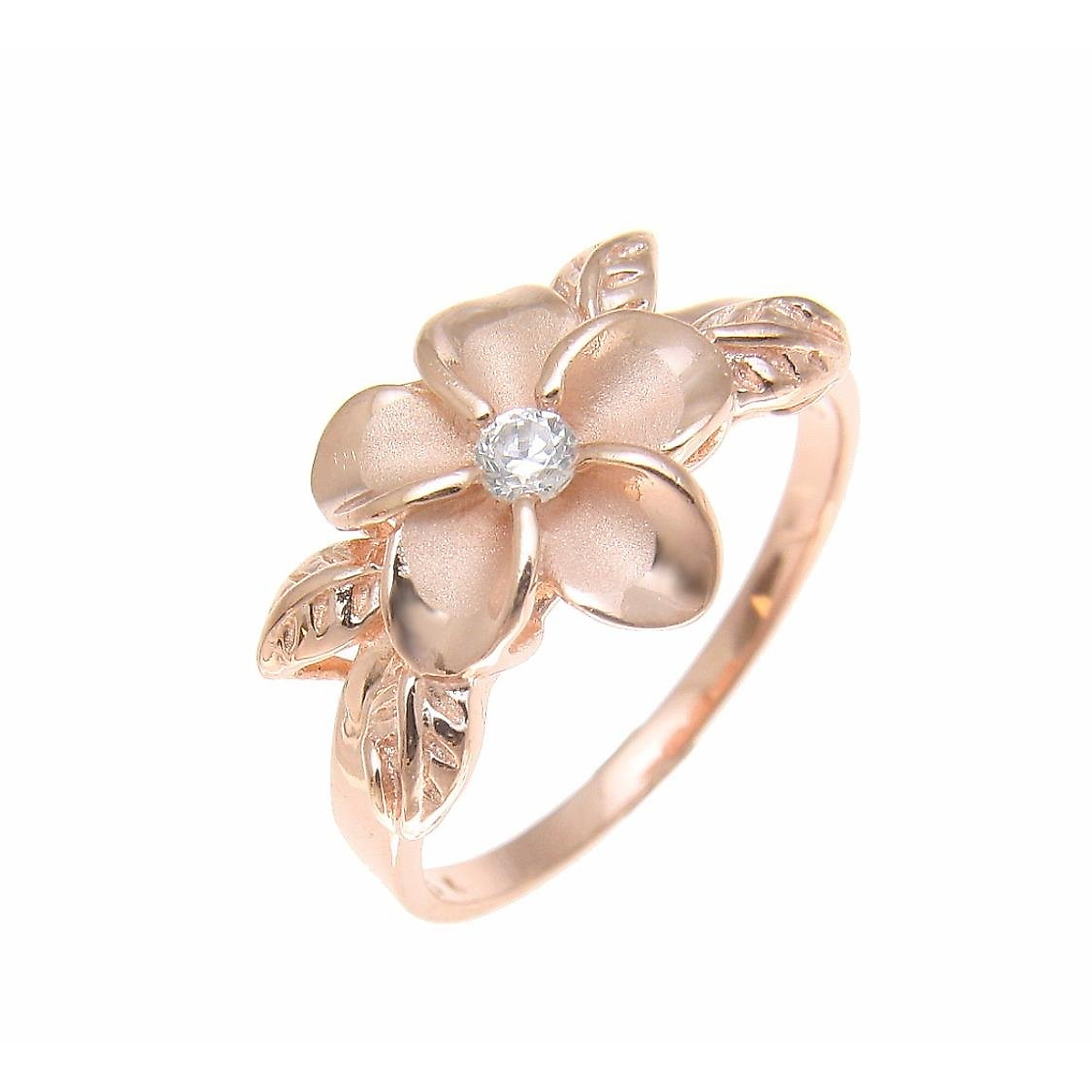 Arthur's Jewelry Pink rose gold plated sterling silver 925 Hawaiian plumeria flower cz maile leaf ring size 7