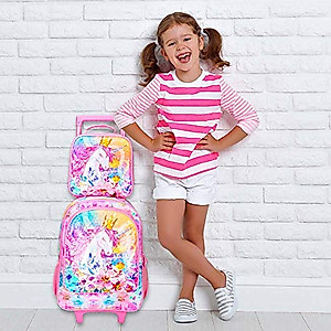 CCJPX 4PCS Kids Rolling Backpack for Girls, Unicorn Sequin Roller Wheeled Bookbag Toddler Elementary School Bag with Wheels One Size