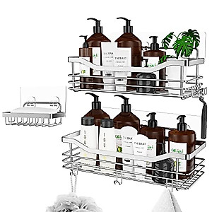 Orimade Shower Caddy Basket Soap Dish Holder Shelf with 5 Hooks Bathroom Organizer Shelf Kitchen Storage Rack Wall Mounted Adhesive No Drilling Rustproof SUS304 Stainless Steel - 3 Pack