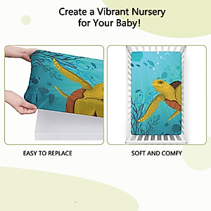 Turtle Themed Fitted Crib Sheet,Standard Crib Mattress Fitted Sheet Soft Toddler Mattress Sheet Fitted -Crib Mattress Sheet or Toddler Bed Sheet,52“ x28“,Turquoise Mustard Brown