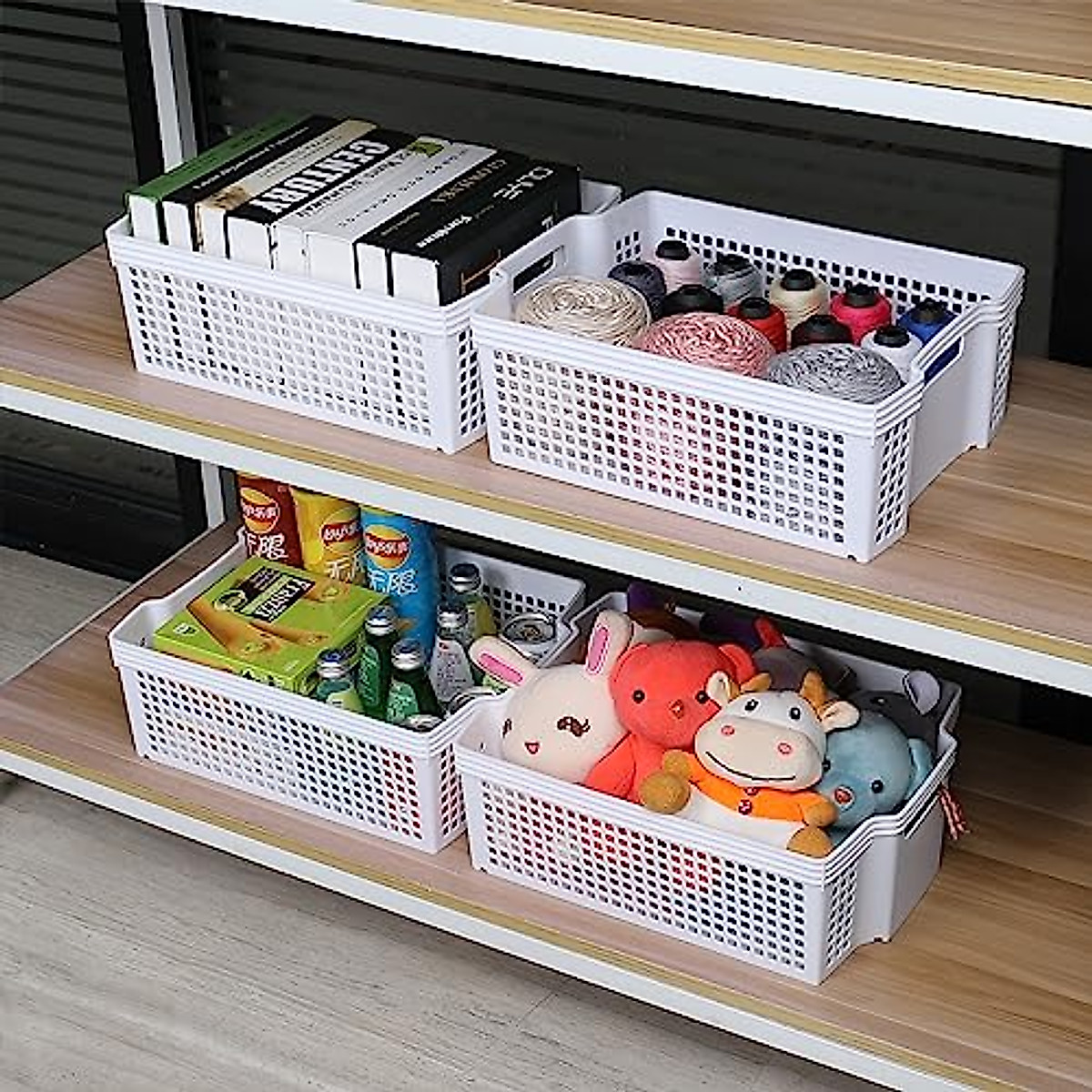 Obstnny 2-Pack White Stacking Storage Bin, Plastic Stackable Storage Basket, R