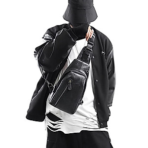 Leather Small Sling Bag,Crossbody Shoulder Bag for Men Women PU Leather Travel Cycle Hiking Daypack (Black)