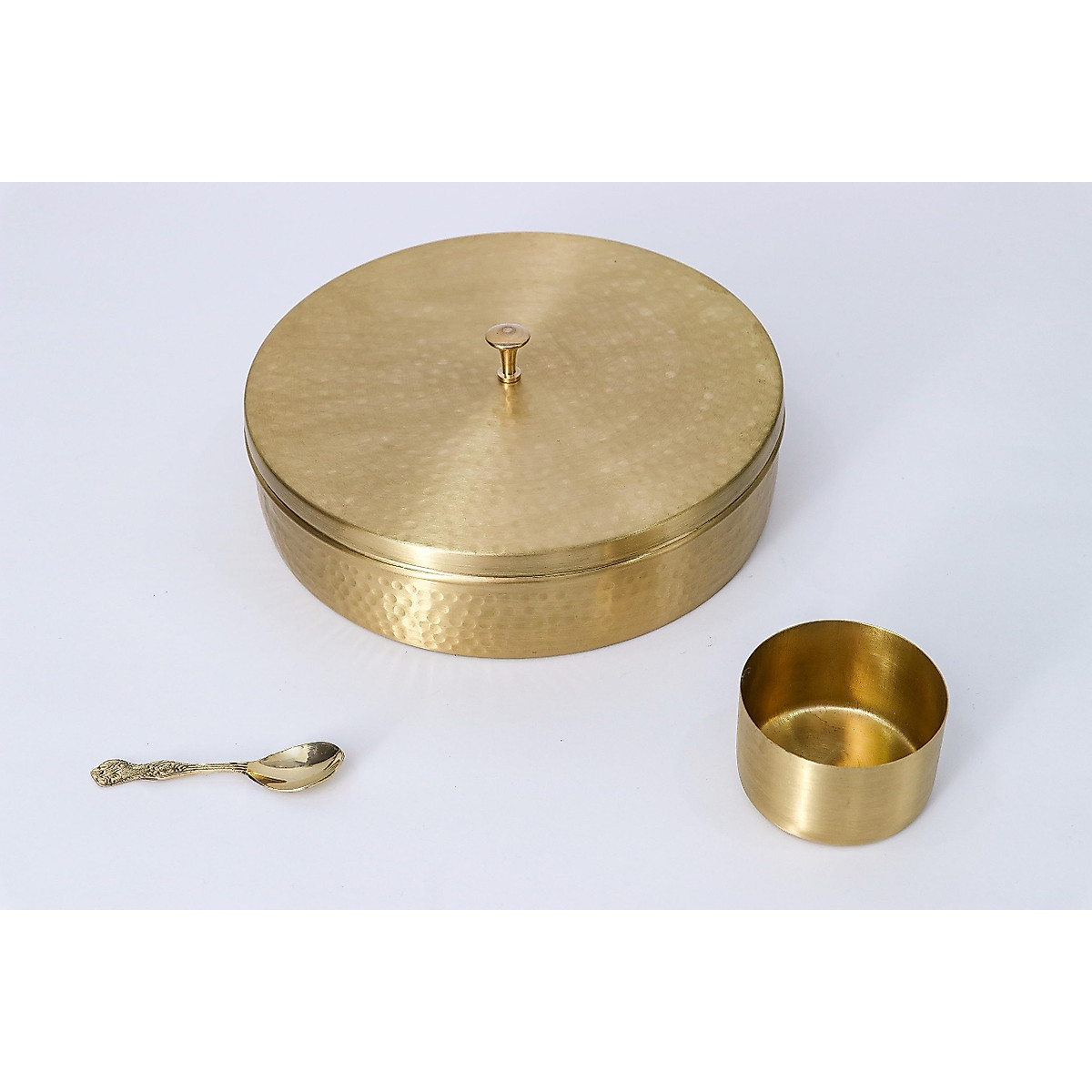ZAARIYA Hammered Pattern Handcrafted Brass Masala/Spice Box Set With Spoon Container 90 ML-Food Spice Storage Rack Indian Boxes Dani Dabba For Kitchen (8-INCH)