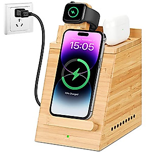 Bamboo Wireless Charging Station for iPhone, OthoKing 3 in 1 Wood Charging Docking & Organizer for iWatch/AirPods, Wireless Charging Stand for iPhone 14/13/12/11/Pro/Max/XS/Max/XR/XS/X-Orange