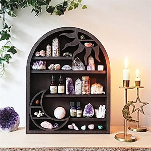 Crystal Shelf Display Crescent Moon Rack Witchy Crystal Holder for Stones Essential Oils Essentials Shelves Wall Decor Rustic Wooden Display Boho Meditation Home Decor (Model1-House)