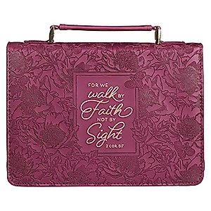 Christian Art Gifts Protective Maroon Floral Faux Leather Bible Cover Carry Case with Handle for Women: Walk by Faith - 2 Corinthians 5:7 Inspirational Bible Verse Zippered with Pocket, Medium