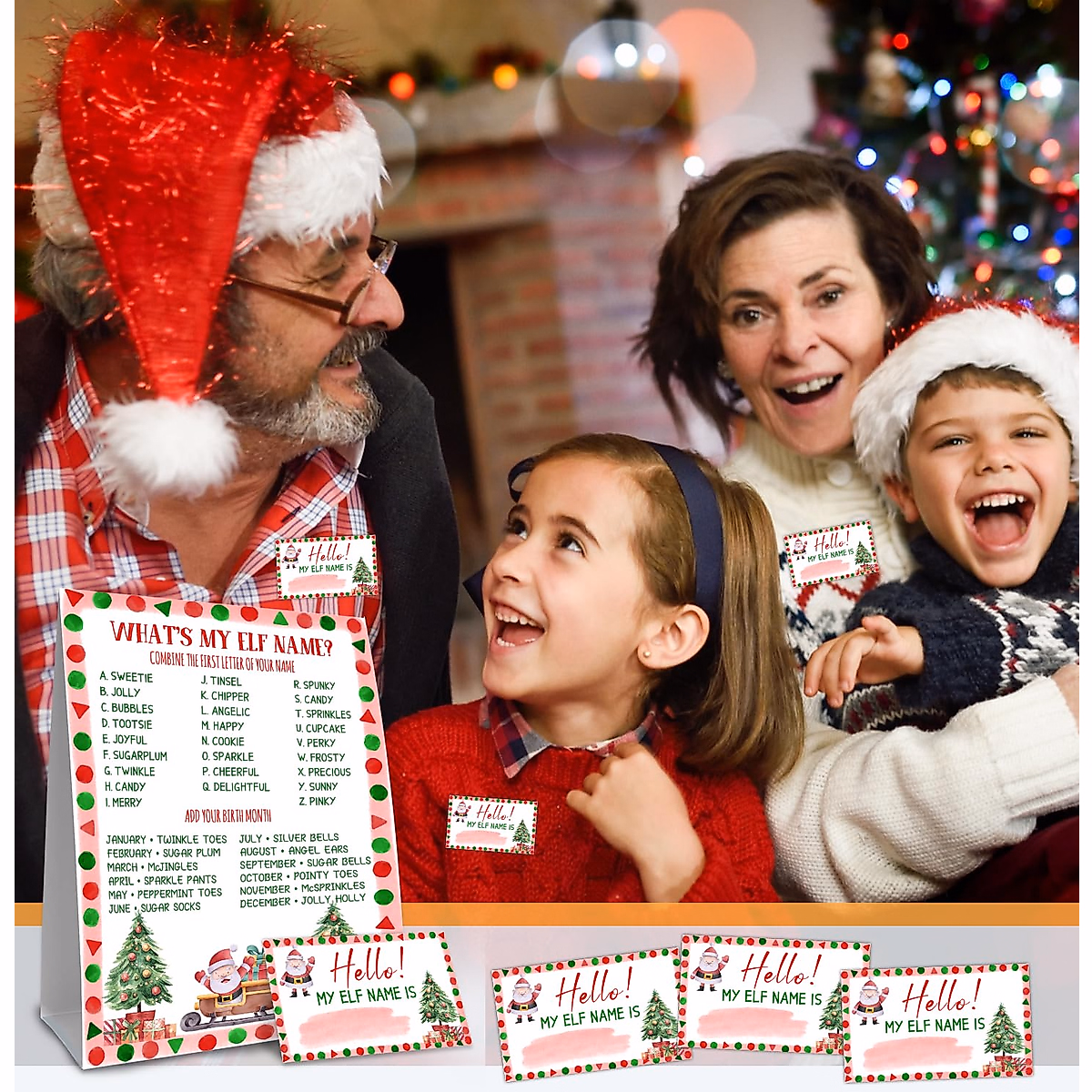 What's Your ELF Name Game, with 1 ELF Themed Sign and 30 Name Stickers, Christmas Party Game,Birthday Party Activities for Adults and Kids,Activity Game for Class Graduation