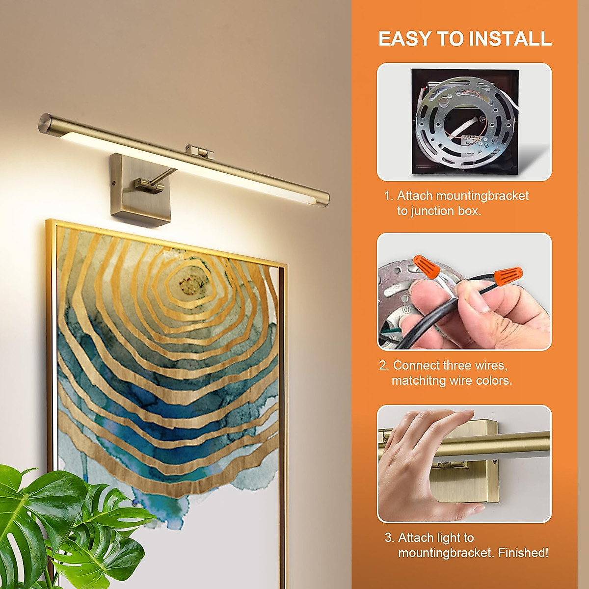 Joosenhouse Modern LED Picture Lights 24.4 inch, Antique Bronze Metal Artwork Display Lamp with Rotatable Sconces Lamp Head, 14W (70W Eqv.), Hardwired Connection, 3000K Warm White 840Lm…