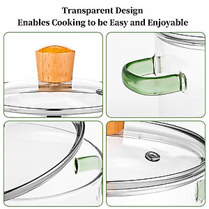 1.5L/51oz Glass Pot Glass Soup Ladle Set Glass Cooking Pot Glass Pots for Cooking on Stove Simmer Pot Oven Gas Safe (Green Handle Glass Pot, Glass Spoon)